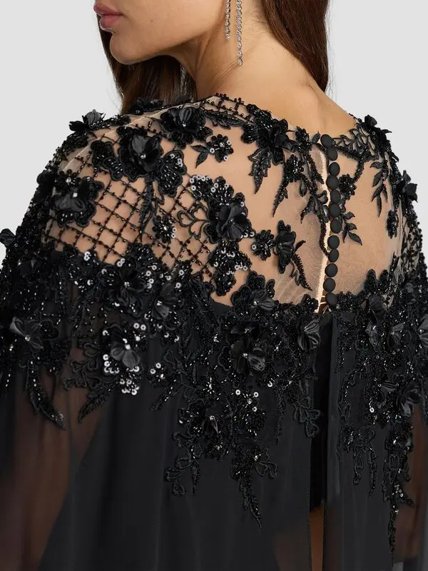 Mac Duggal Chiffon Floral Embellished Cape Gown