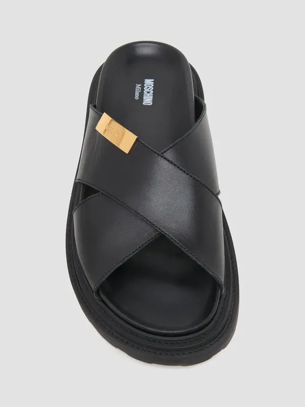Moschino Logo Leather Crisscross Sandals