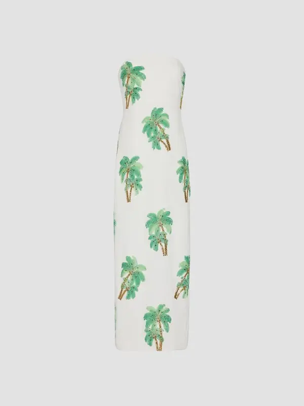 MILLY Clara Palm Embellished Strapless Maxi Dress