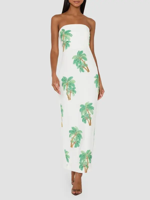 MILLY Clara Palm Embellished Strapless Maxi Dress