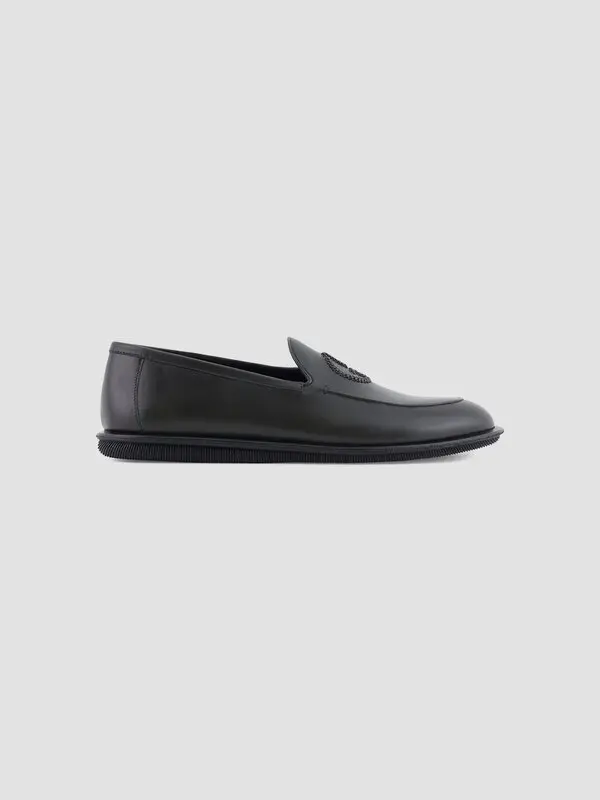 Giorgio Armani Logo Vintage Leather Slip-on Loafers - Black