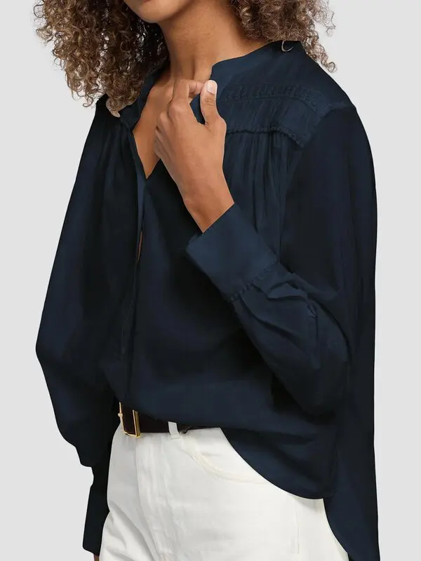 NILI LOTAN Clarys Gathered Cotton Split Neck Top