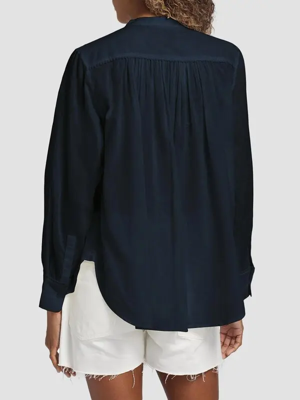 NILI LOTAN Clarys Gathered Cotton Split Neck Top