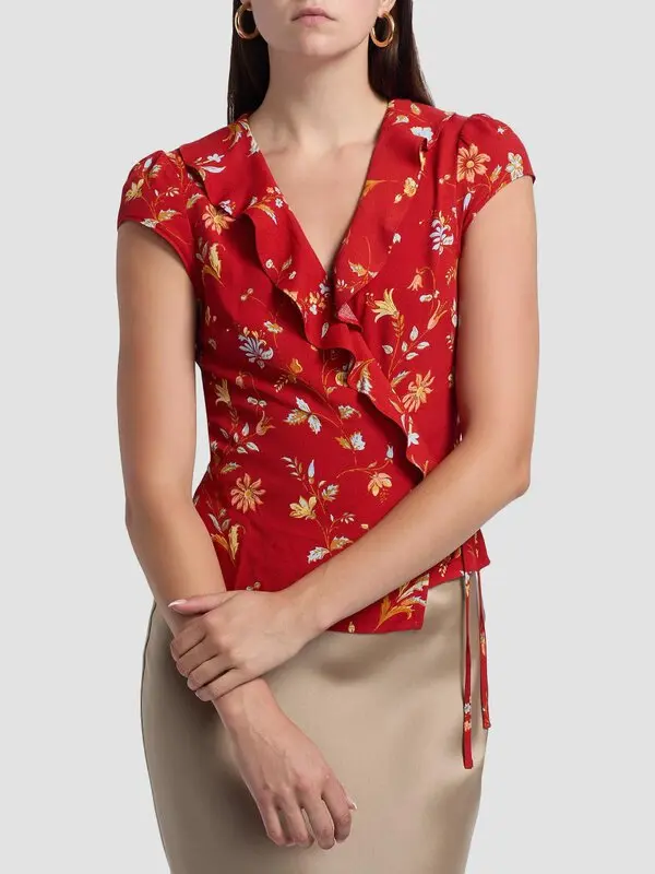 REFORMATION Clece Floral Crepe Wrap Top