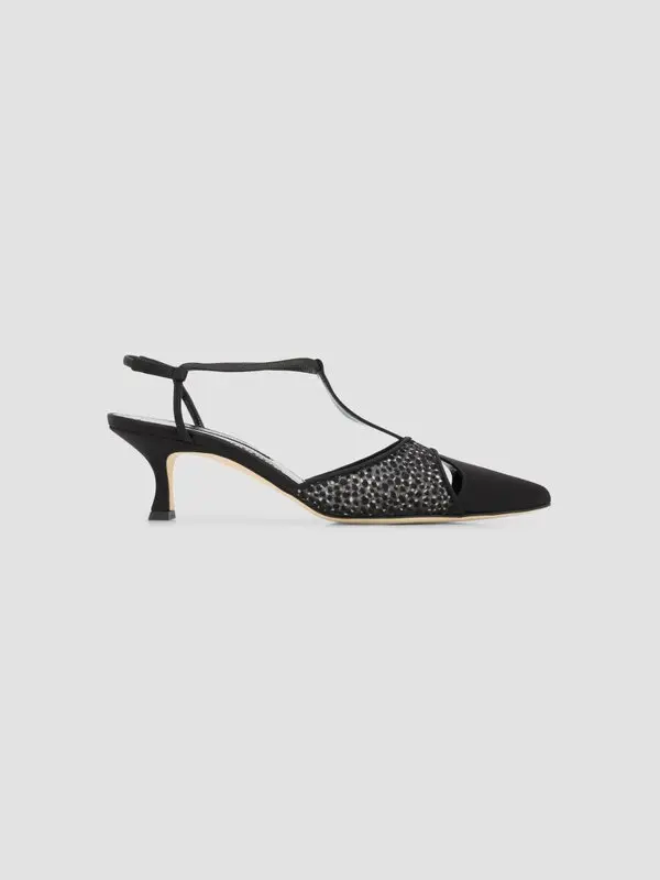 Manolo Blahnik Turgimodla Embellished Satin T-strap Pumps