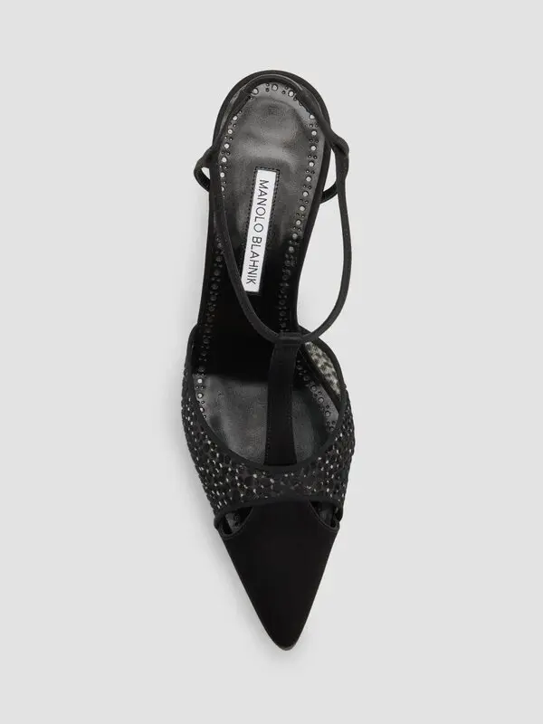 Manolo Blahnik Turgimodla Embellished Satin T-strap Pumps