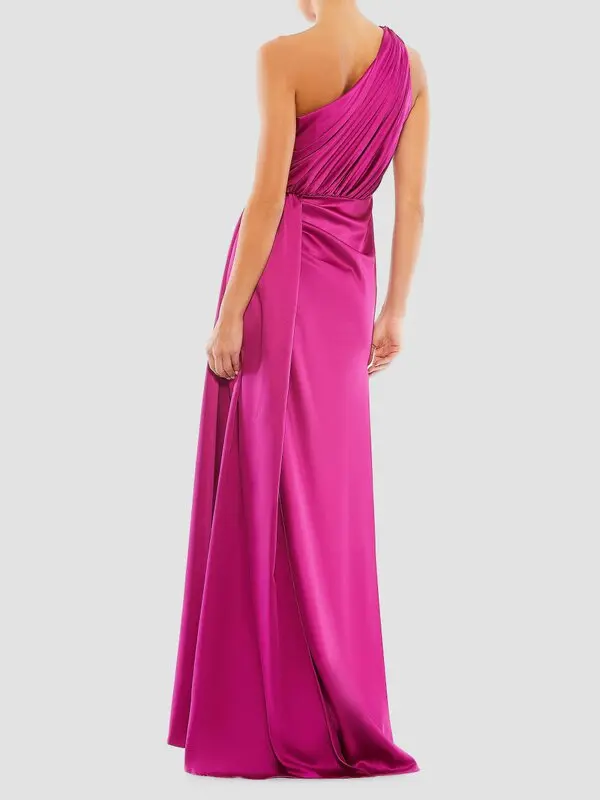 Mac Duggal Gathered Satin One-shoulder Gown
