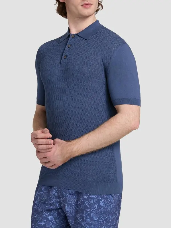 SAKS FIFTH AVENUE Collection Basketweave Knit Cotton Polo Shirt - Blue