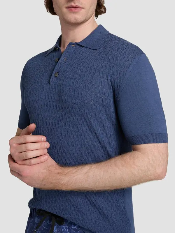 SAKS FIFTH AVENUE Collection Basketweave Knit Cotton Polo Shirt - Blue