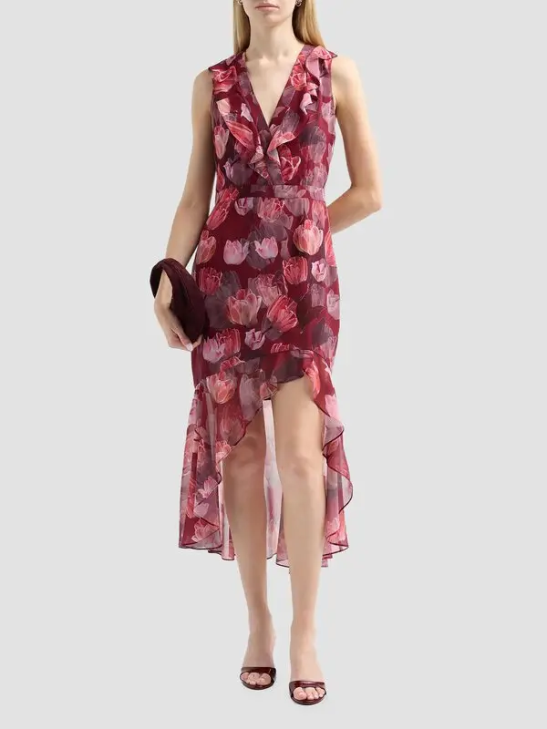 MILLY Nanci Ruffled Floral V-neck Midi Dress