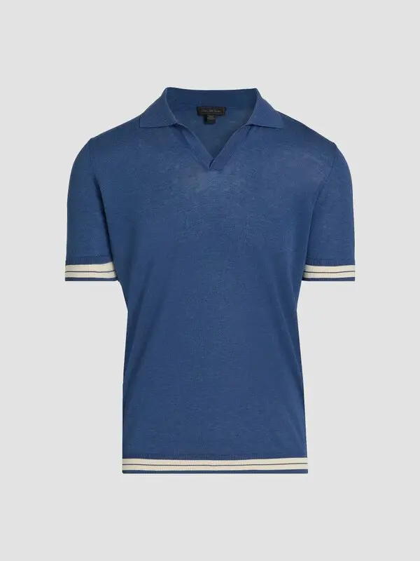SAKS FIFTH AVENUE Striped-trim Johnny Collar Polo Shirt - Blue
