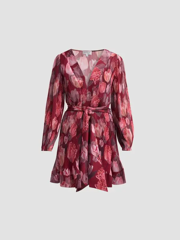 MILLY Liv Floral Pleated Tie-waist Mini Dress - Red Multi