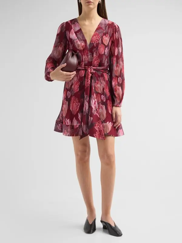 MILLY Liv Floral Pleated Tie-waist Mini Dress - Red Multi