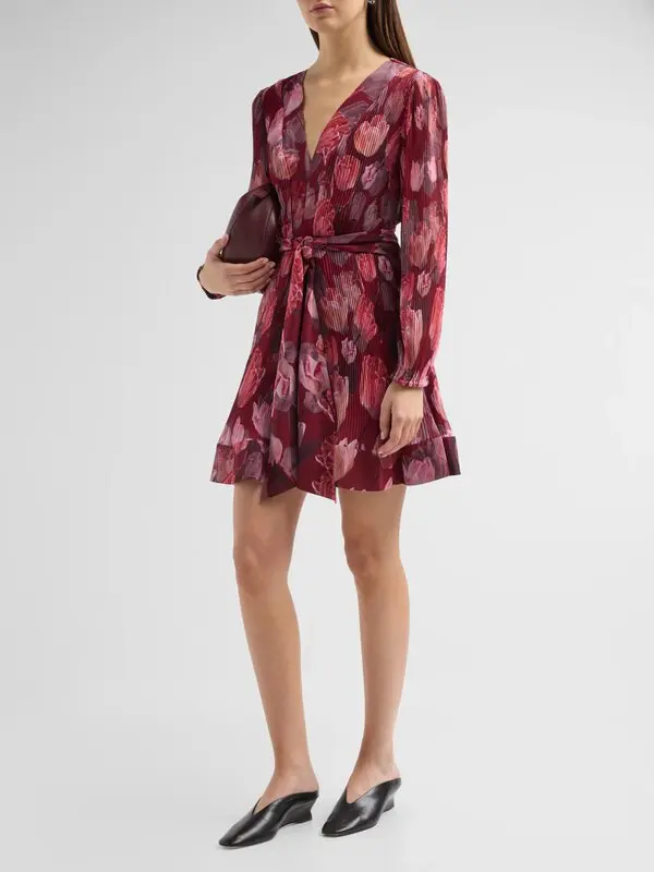 MILLY Liv Floral Pleated Tie-waist Mini Dress - Red Multi