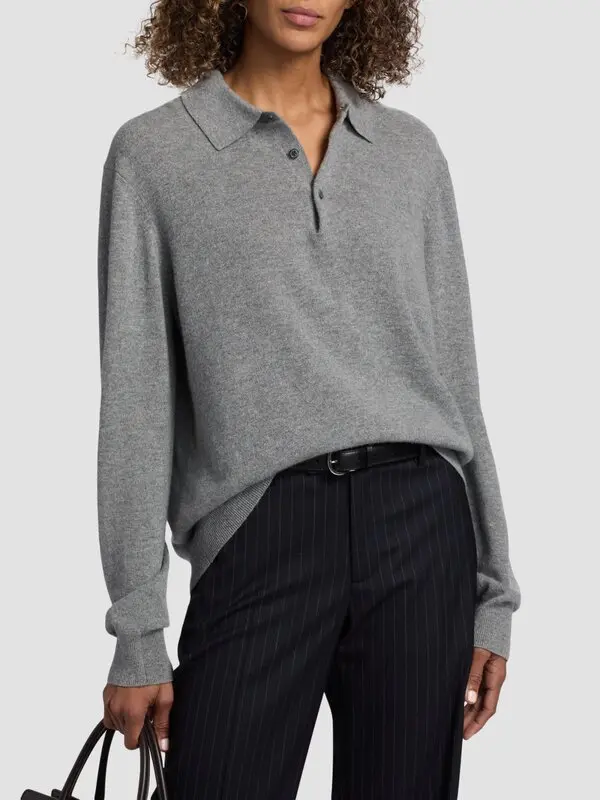 NILI LOTAN Jovan Cashmere Polo Sweater - Pebble Grey Heather