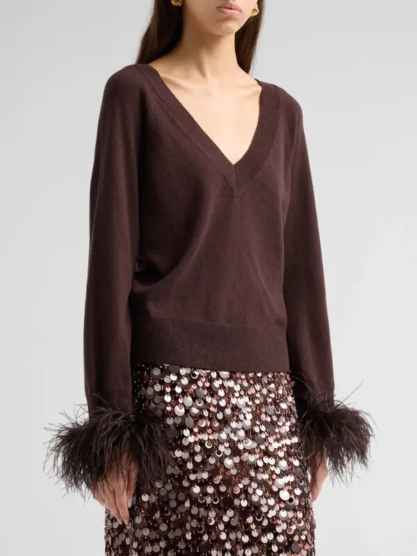 MILLY Feather Cuff V-neck Sweater