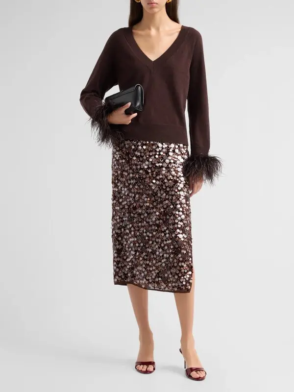 MILLY Feather Cuff V-neck Sweater - Brown