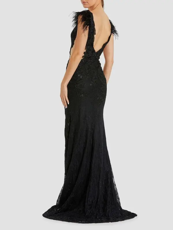 Mac Duggal Feather-trimmed Lace Wrap Gown