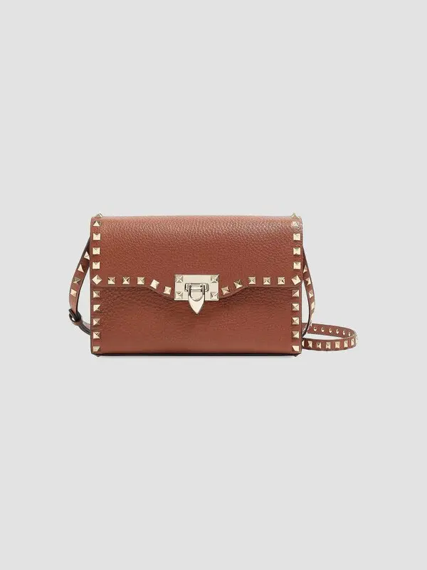 Valentino Garavani Small Rockstud Grainy Calfskin Crossbody Bag - Saddle Brown