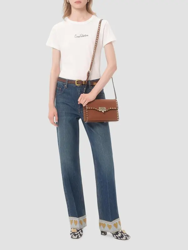 Valentino Garavani Small Rockstud Grainy Calfskin Crossbody Bag - Saddle Brown