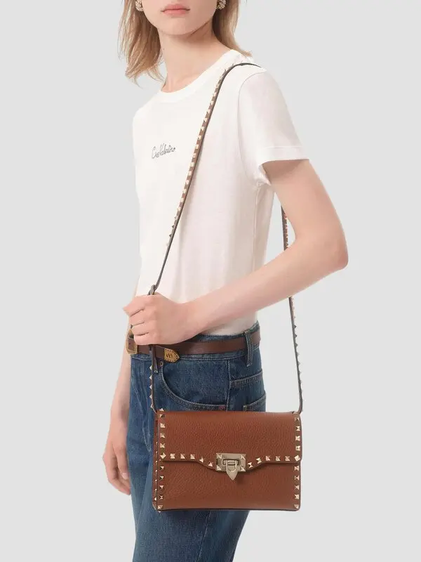 Valentino Garavani Small Rockstud Grainy Calfskin Crossbody Bag - Saddle Brown