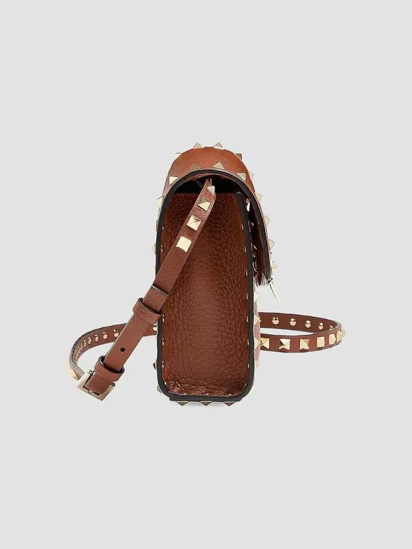 Valentino Garavani Small Rockstud Grainy Calfskin Crossbody Bag - Saddle Brown