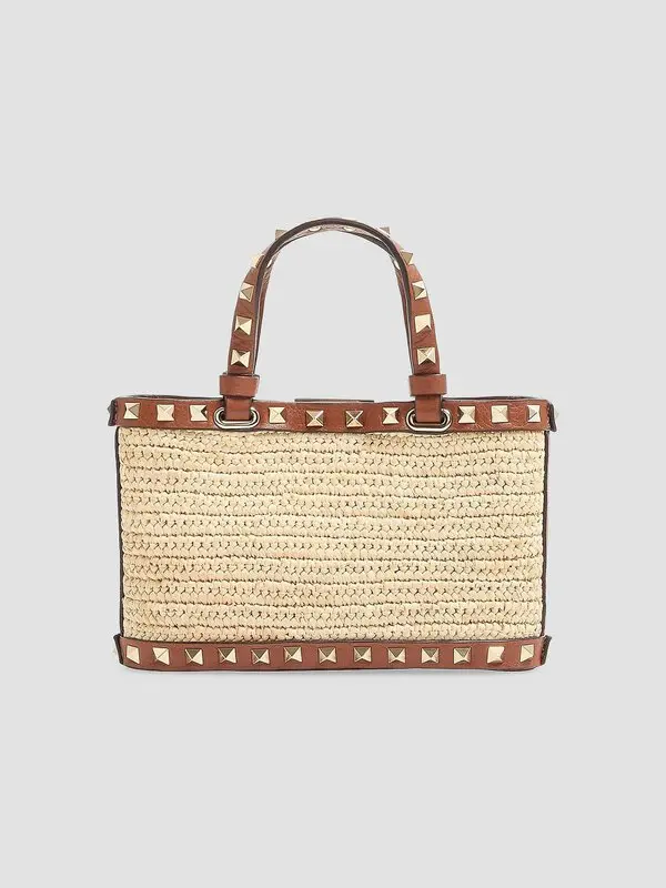 Valentino Garavani Mini Rockstud Top Handle Bag In Raffia