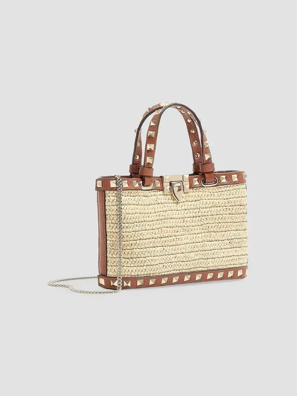 Valentino Garavani Mini Rockstud Top Handle Bag In Raffia