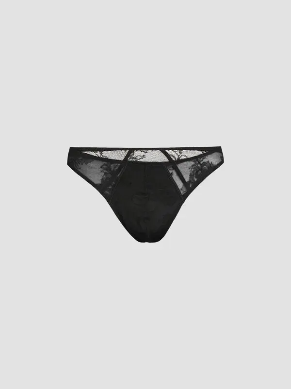 FLEUR DU MAL Bouquet Sheer Floral Lace Thong - Black