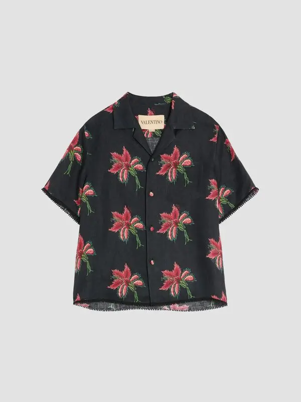 Valentino Garavani Linen Bowling Shirt With Papier Floral Print - Black Red