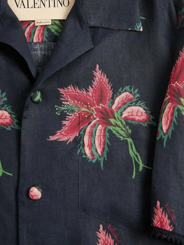 Valentino Garavani Linen Bowling Shirt With Papier Floral Print