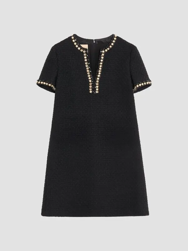 Valentino Garavani Embroidered Canestrello Tweed Short Dress - Black Silver