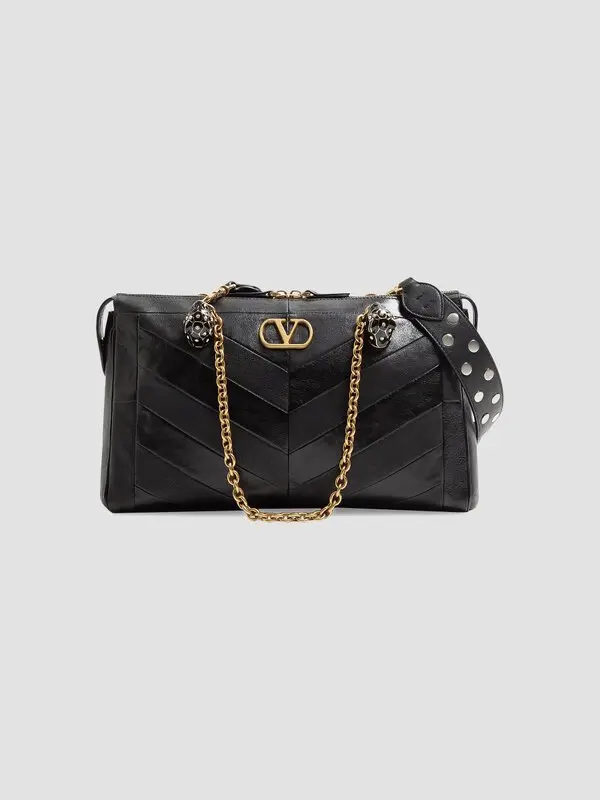Valentino Garavani Panthea Shoulder Bag In Nappa Leather With Chevron Pattern - Black