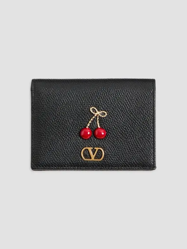 Valentino Garavani Cherryfic Wallet In Grainy Calfskin - Black
