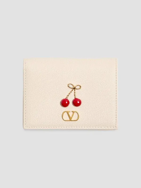 Valentino Garavani Cherryfic Wallet In Grainy Calfskin - Light Ivory