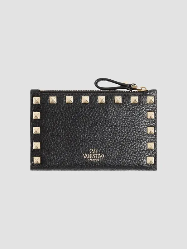 Valentino Garavani Rockstud Grainy Calfskin Cardholder With Zipper - Black