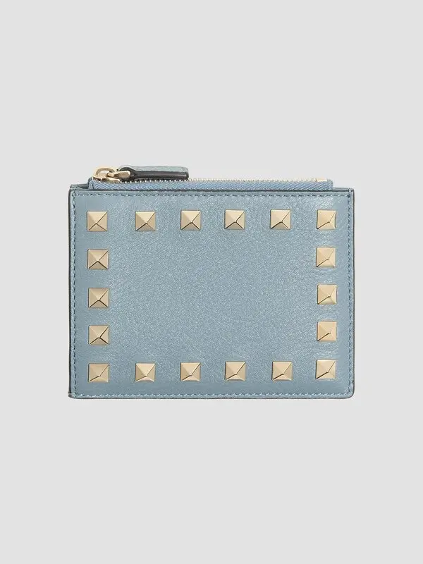 Valentino Garavani Rockstud Grainy Calfskin Cardholder With Zipper - Stone