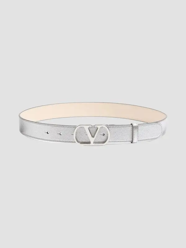 Valentino Garavani Vlogo Signature Belt In Laminated Calfskin - Silver