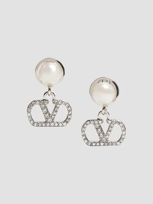 Valentino Garavani Vlogo Signature Earrings In Metal, Pearl And Swarovski Crystals - Palladium