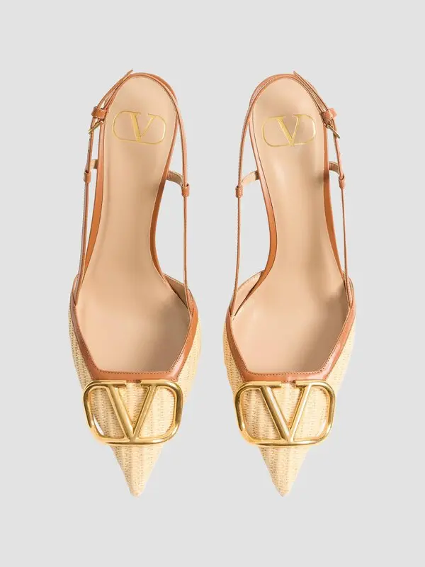 Valentino Garavani Vlogo 80mm Signature Raffia Slingback Pumps
