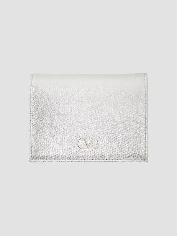 Valentino Garavani Vlogo Signature Laminated Grainy Calfskin Wallet - Silver