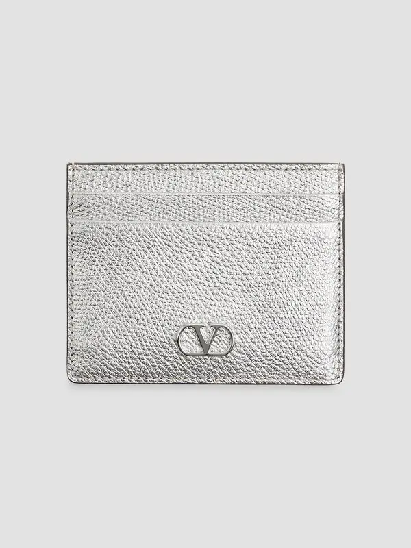 Valentino Garavani Vlogo Signature Cardholder In Laminated Grainy Calfskin - Silver