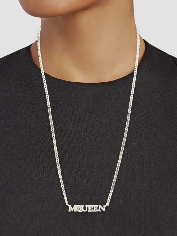 Alexander McQueen Silvertone & Glass Crystal Logo Necklace
