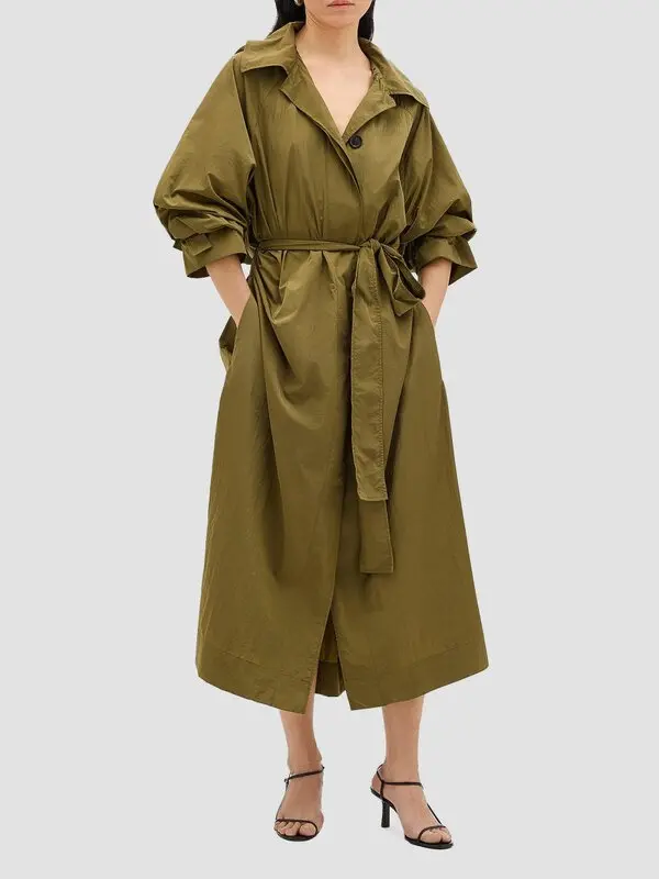 Another Tomorrow Nylon Trench Coat - Olive