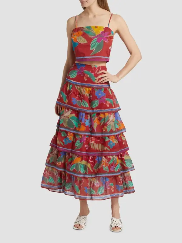MARIE OLIVER Christie Floral Cotton Tiered Midi-skirt - Macaw