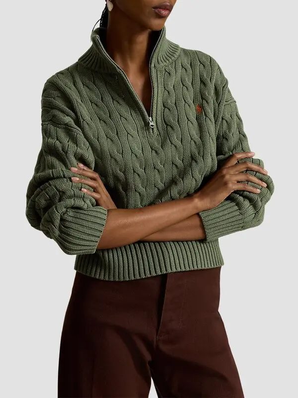 Polo Ralph Lauren Cable-knit Cotton Quarter-zip Sweater - Dense Olive