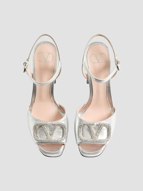 Valentino Garavani Vlogo Signature 115mm Platform Sandals In Laminated Nappa Leather - Silver