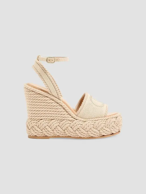 Valentino Garavani Vlogo 130mm Torchon Wedge Sandals In Linen Canvas