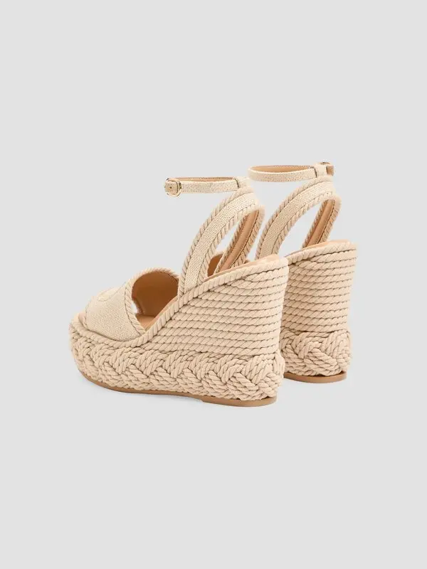 Valentino Garavani Vlogo 130mm Torchon Wedge Sandals In Linen Canvas