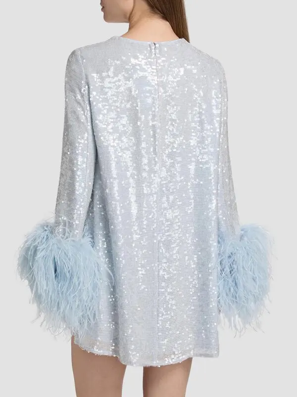 Lapointe Sequined Feather-cuff Shift Minidress